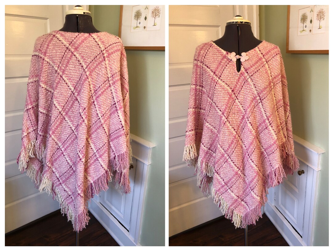 90s Pink Plaid Wool Blend Boucle Cape or Poncho With Fringe by Boyne Valley Weavers in Ireland ...