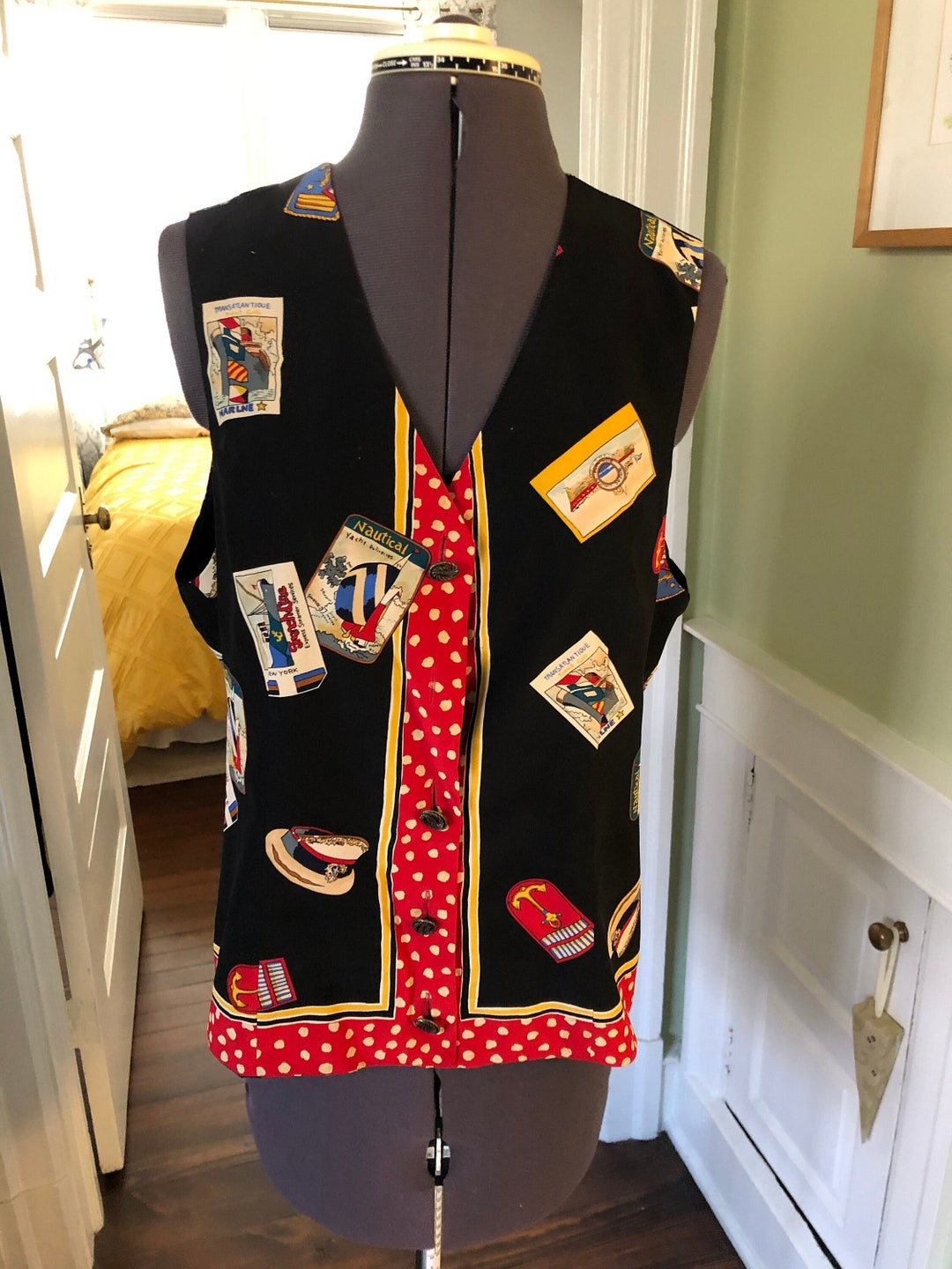80s Black Silk Dressy Vest With Travel Print, Metal Decorative Buttons ...