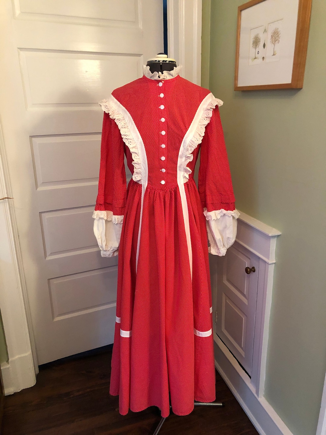 Vintage 70s Red and White Polka Dot Cotton Long Sleeved Prairie Style ...