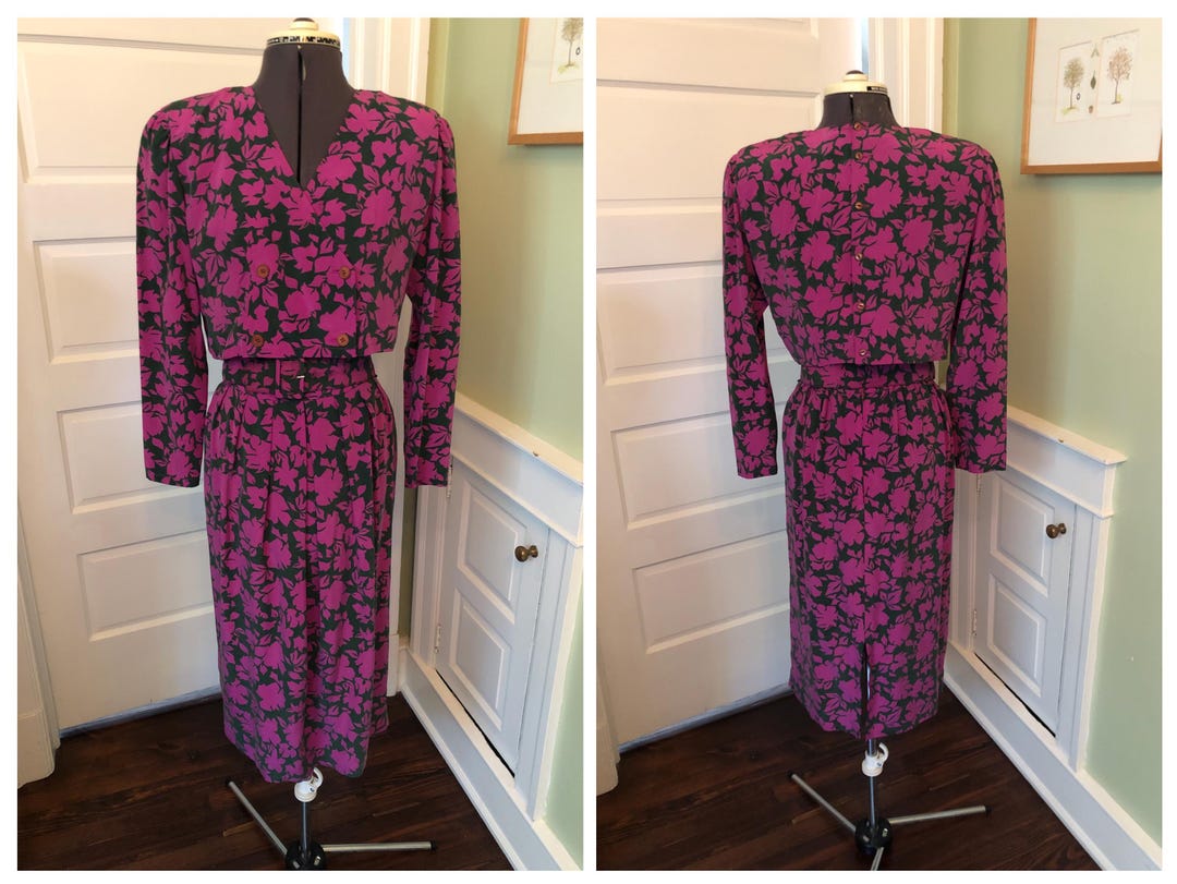 80s Nora Noh Purple and Forest Green Leaf Print Silk Long Sleeved ...