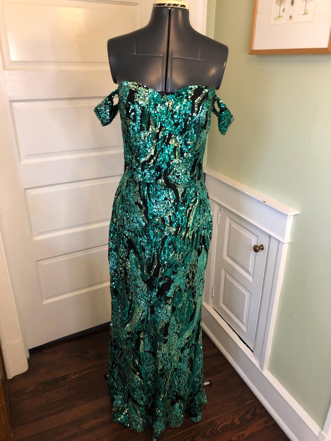 90s Black With Three Colors of Green Sequins Formal Gown Long Dress ...