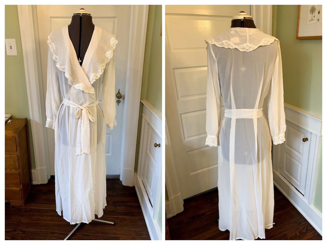 90s Off-white Long Sleeved Robe W/ Shawl Collar, Lace Details, Tie Belt ...