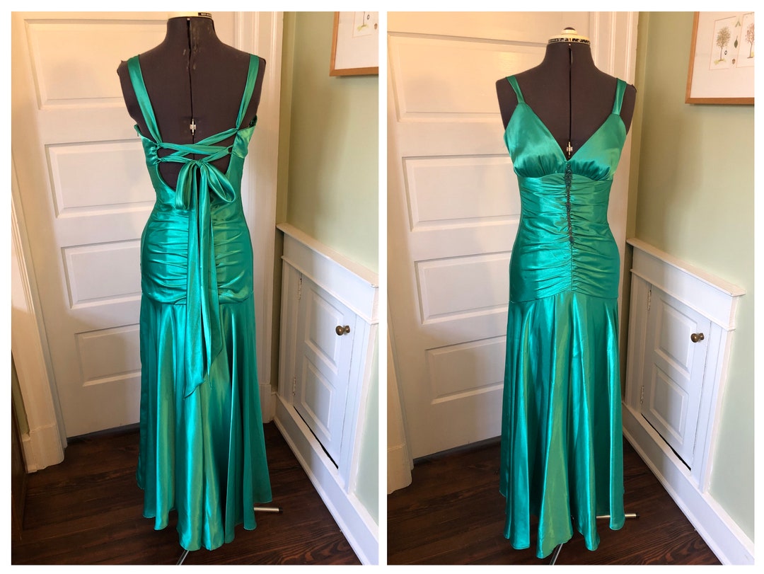 90s-y2k Jessica Mcclintock for Gunne Sax Emerald Green Satin Prom Dress ...