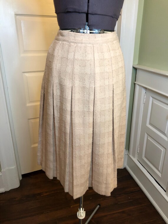 60s Beige Wool Pleated Skirt with Plaid Woven Pattern… - Gem