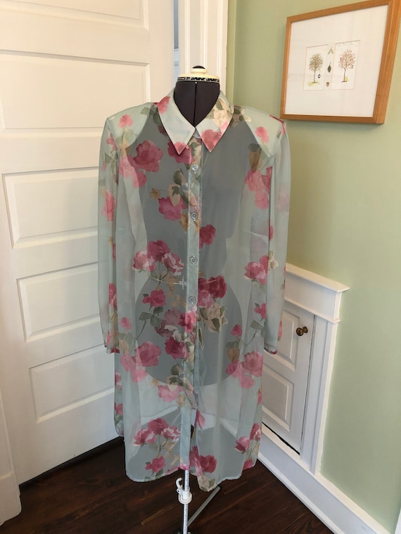 80s Sheer Oversized Aqua Floral Long Sleeved Button D… - Gem