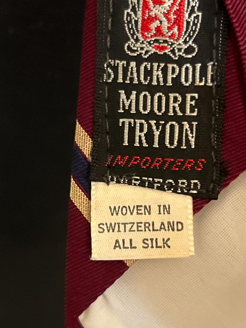 Burgundy With Blue and Gold Stripe Silk Necktie by Stackpole Moore ...
