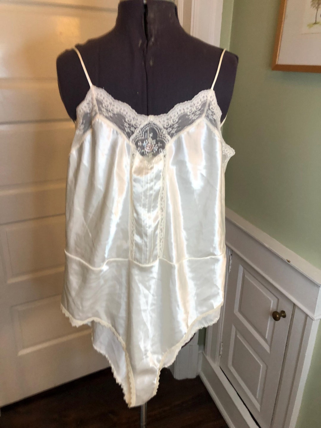 70s White Satin Teddy With Lace, Embroidery and Pintucks, High Leg and ...
