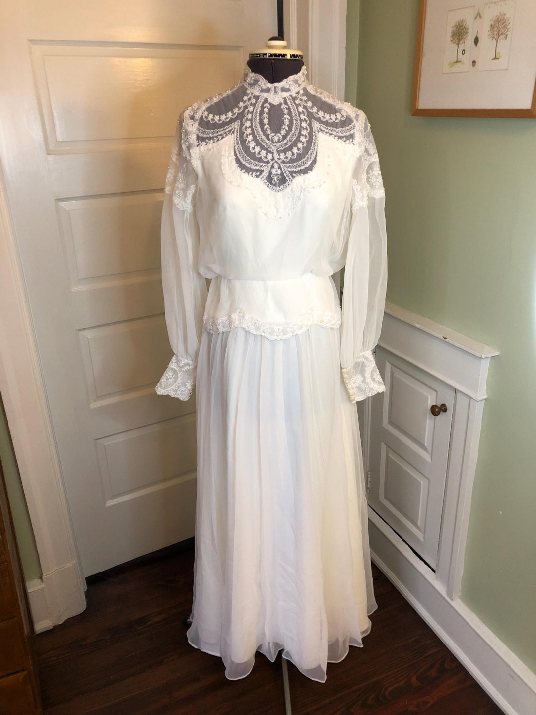 70s White Chiffon Long Sleeved Wedding Dress or Bridal Gown W ...