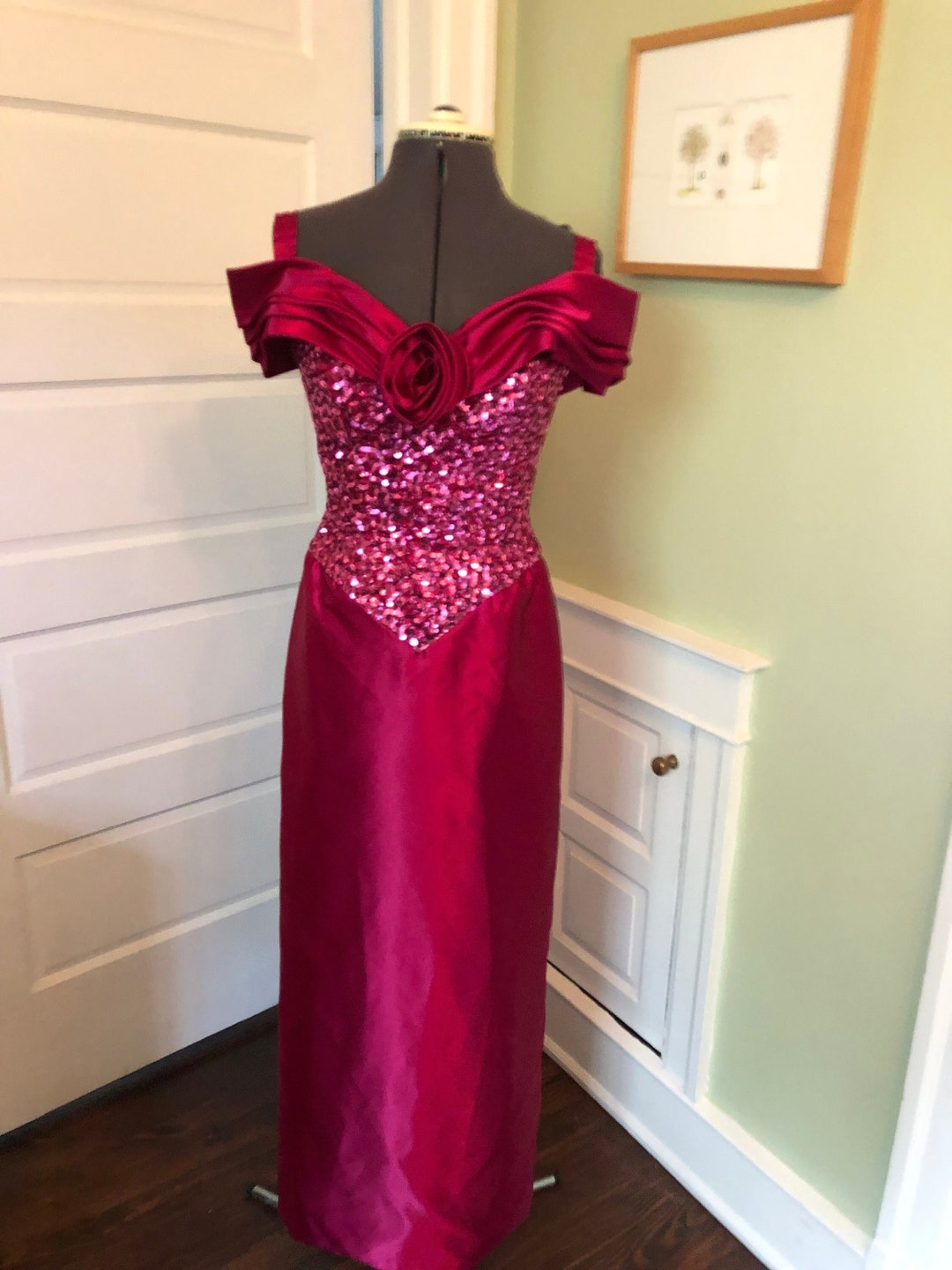 70s Mike Benet Formal Deep Pink Satin and Sequin Off-the-shoulder Gown ...