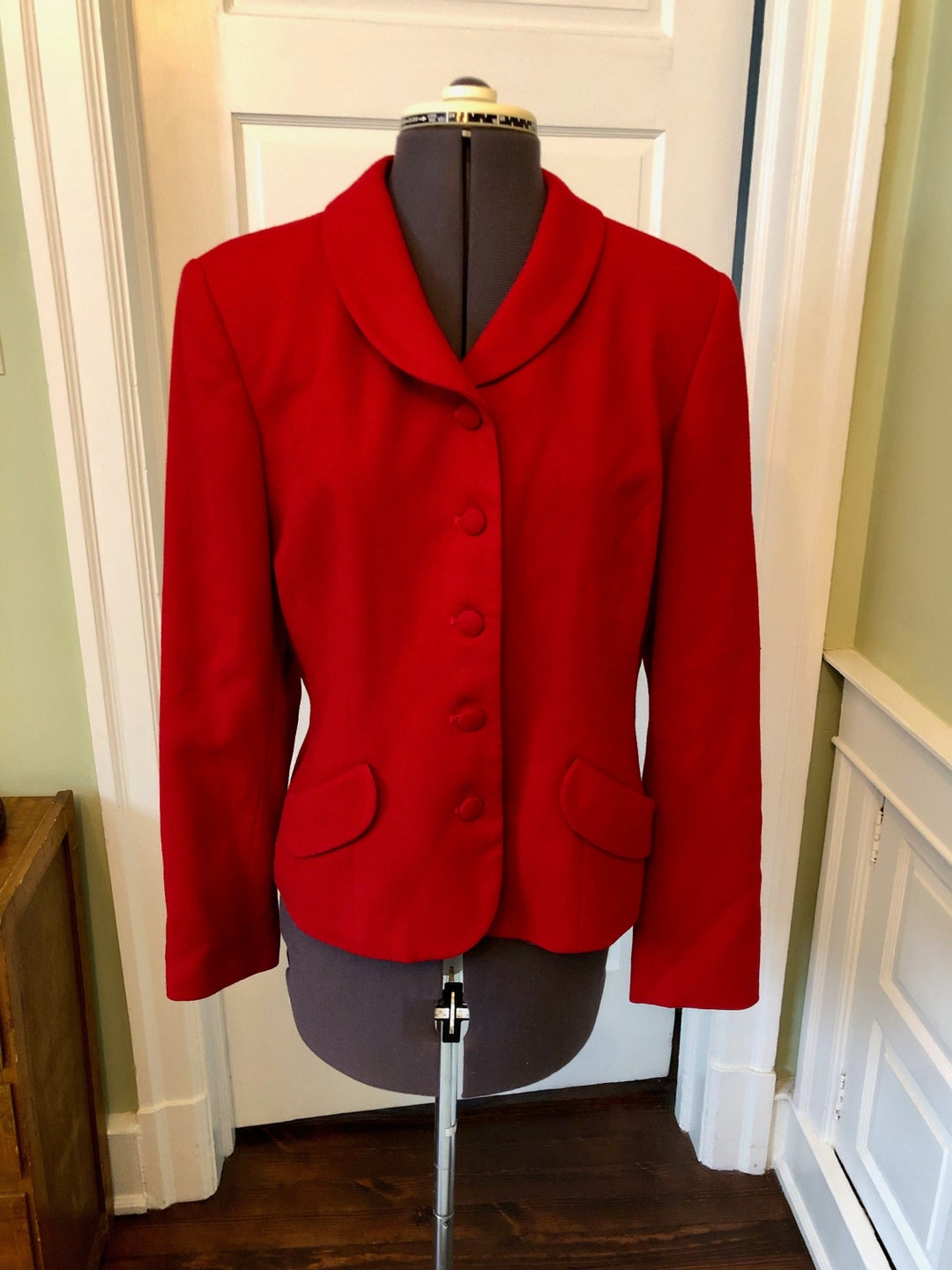80s Red Wool Crepe Long Sleeved Blazer With Covered Buttons and Inset ...