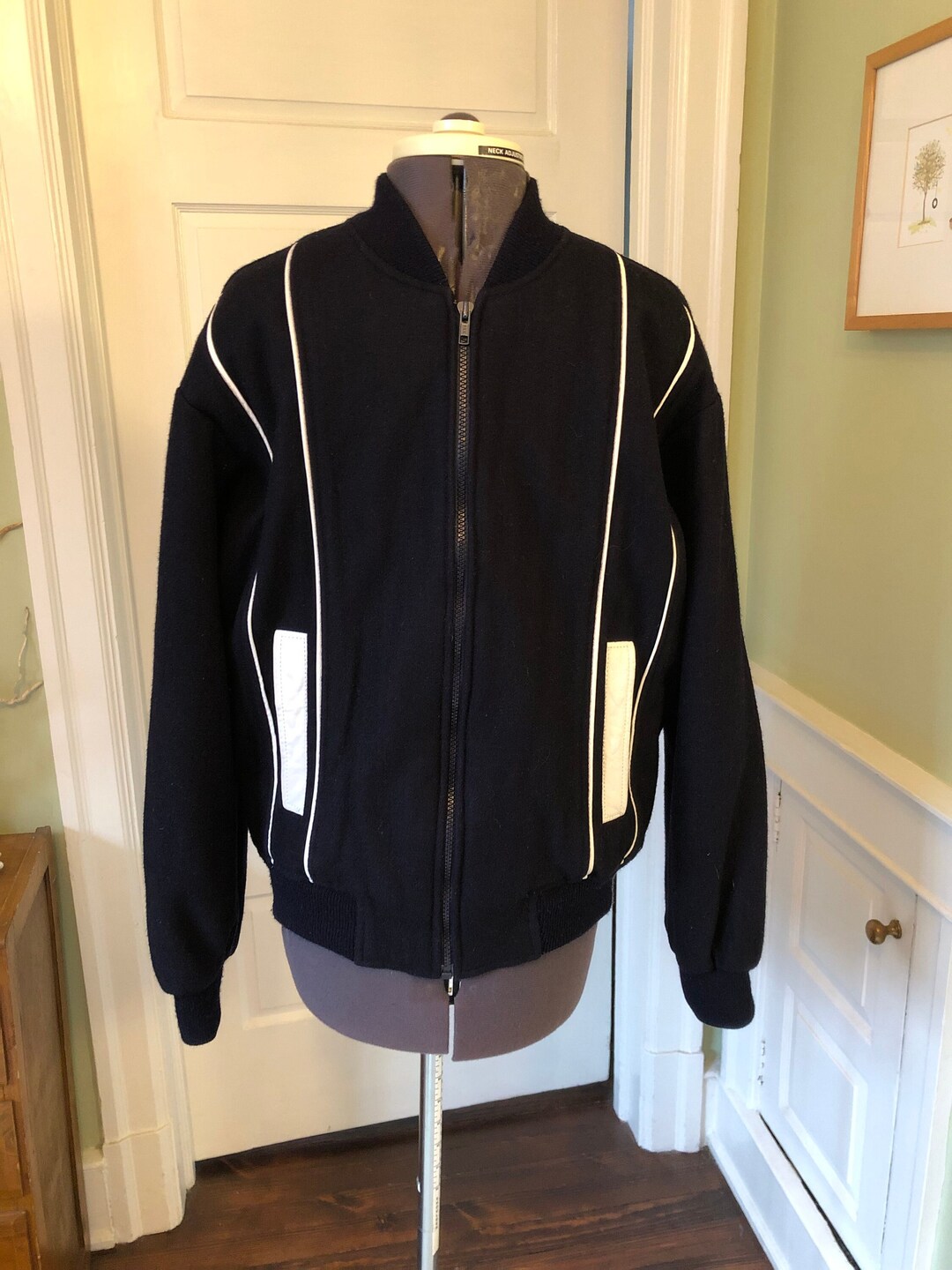 70s Navy Wool Letterman Long Sleeved Zipperjacket With White Leather ...