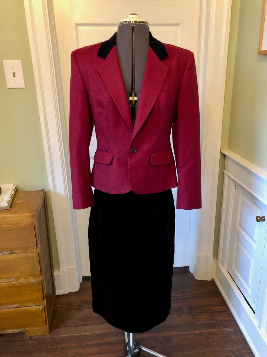 80s Maroon Wool Suit Jacket and Black Velvet Skirt Suit Set by J.G ...