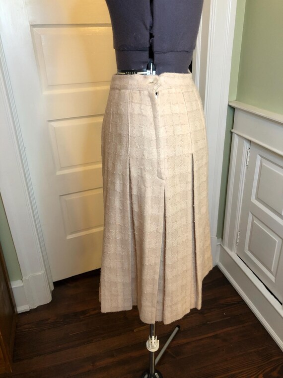 60s Beige Wool Pleated Skirt with Plaid Woven Pattern… - Gem