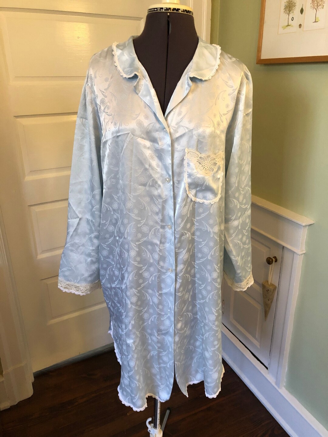 90s Light Blue Floral Satin Damask Long Sleeved Button Front Nightgown ...