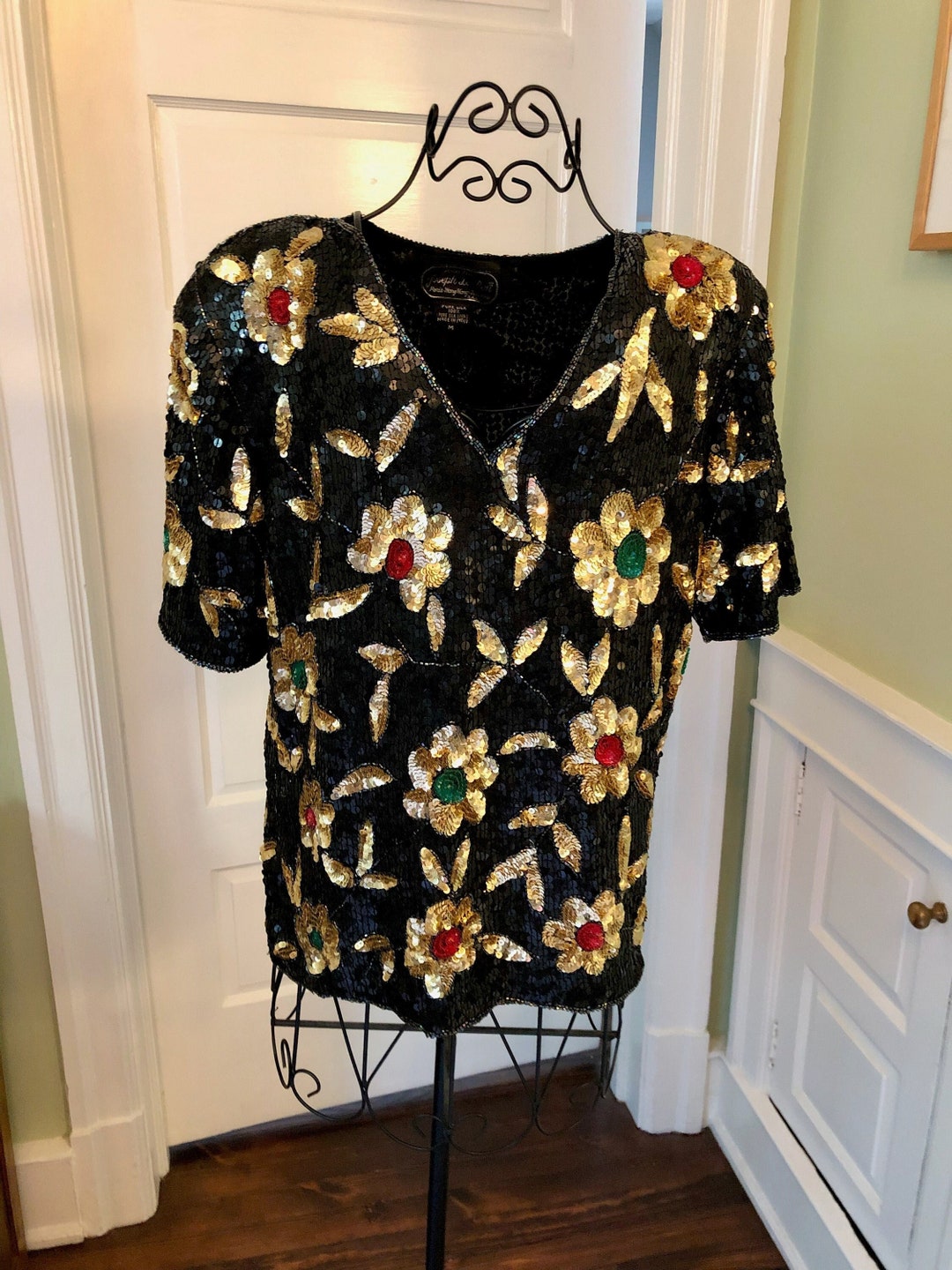 80s Black Silk Short Sleeve Evening Wear Top With Gold Floral Sequin ...