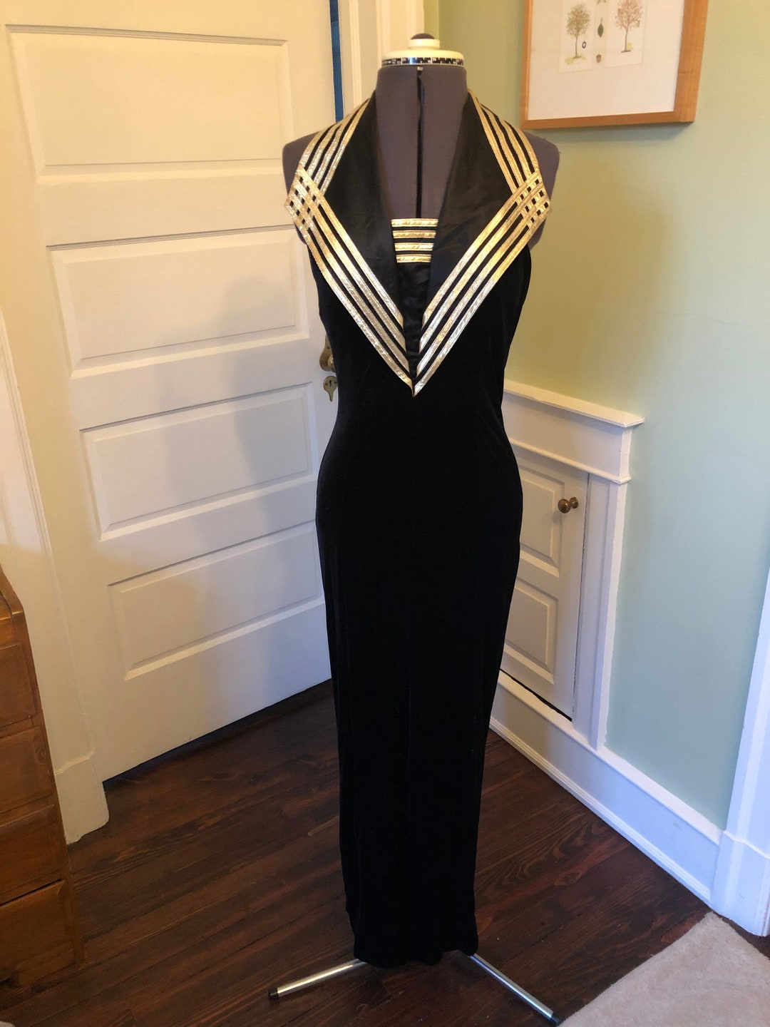 90s Black Stretch Velvet Formal Gown With Gold Metallic Accented Collar ...