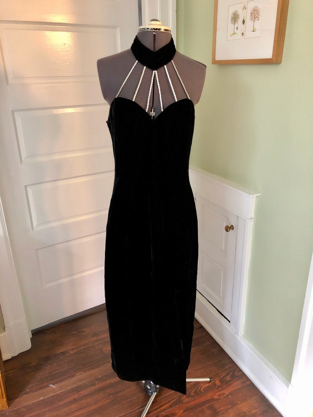90s Black Velvet Halter Formal Gown Prom Dress With Rhinestone Spokes ...