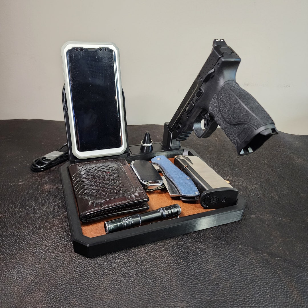 EDC Nightstand Dump Tray Handgun Display Stand Leather Nightstand Organizer Pistol Storage Ring ...