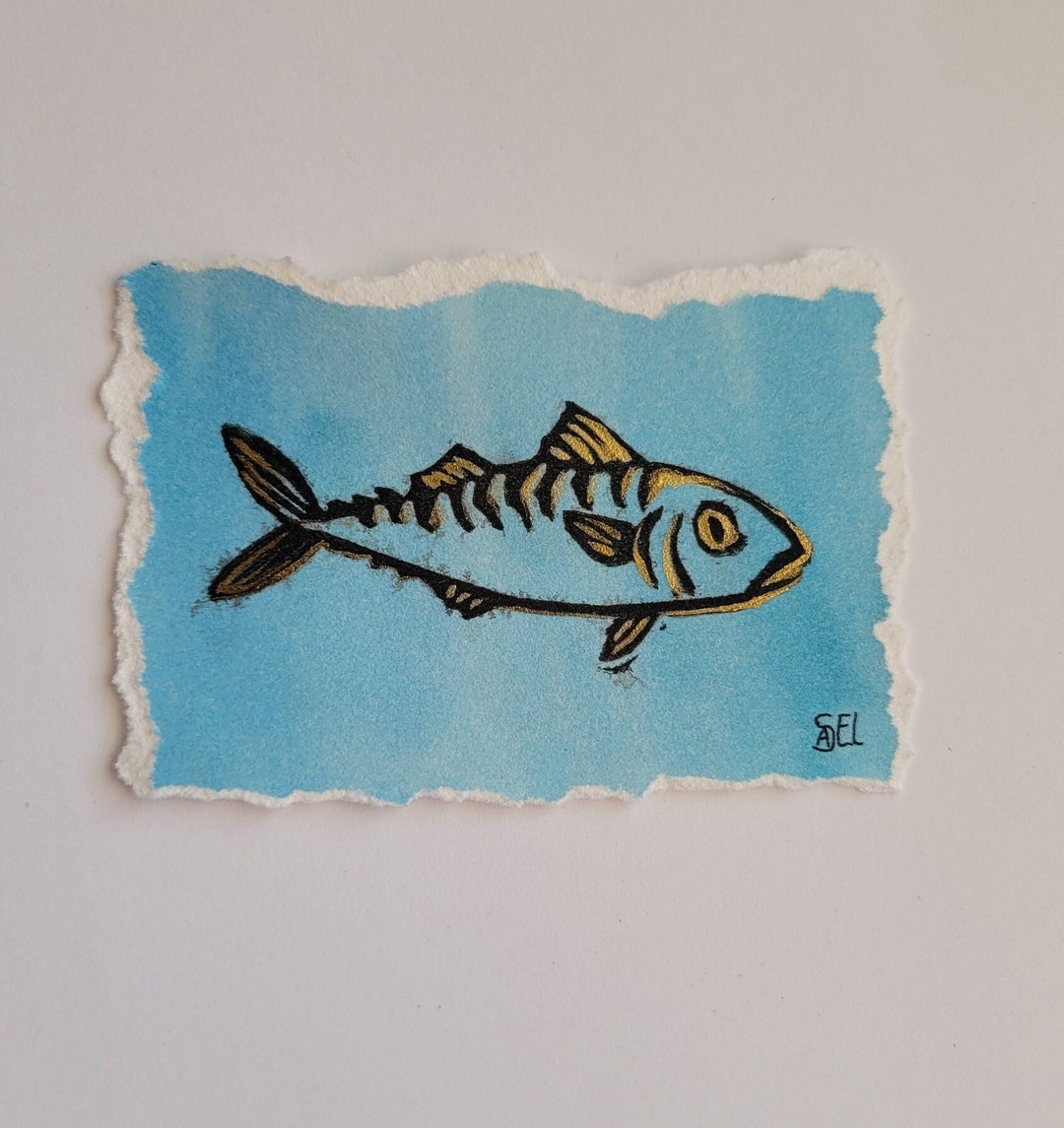 Small Fish Block Print Handmade Tiny Art Print, Gold Embellished ...