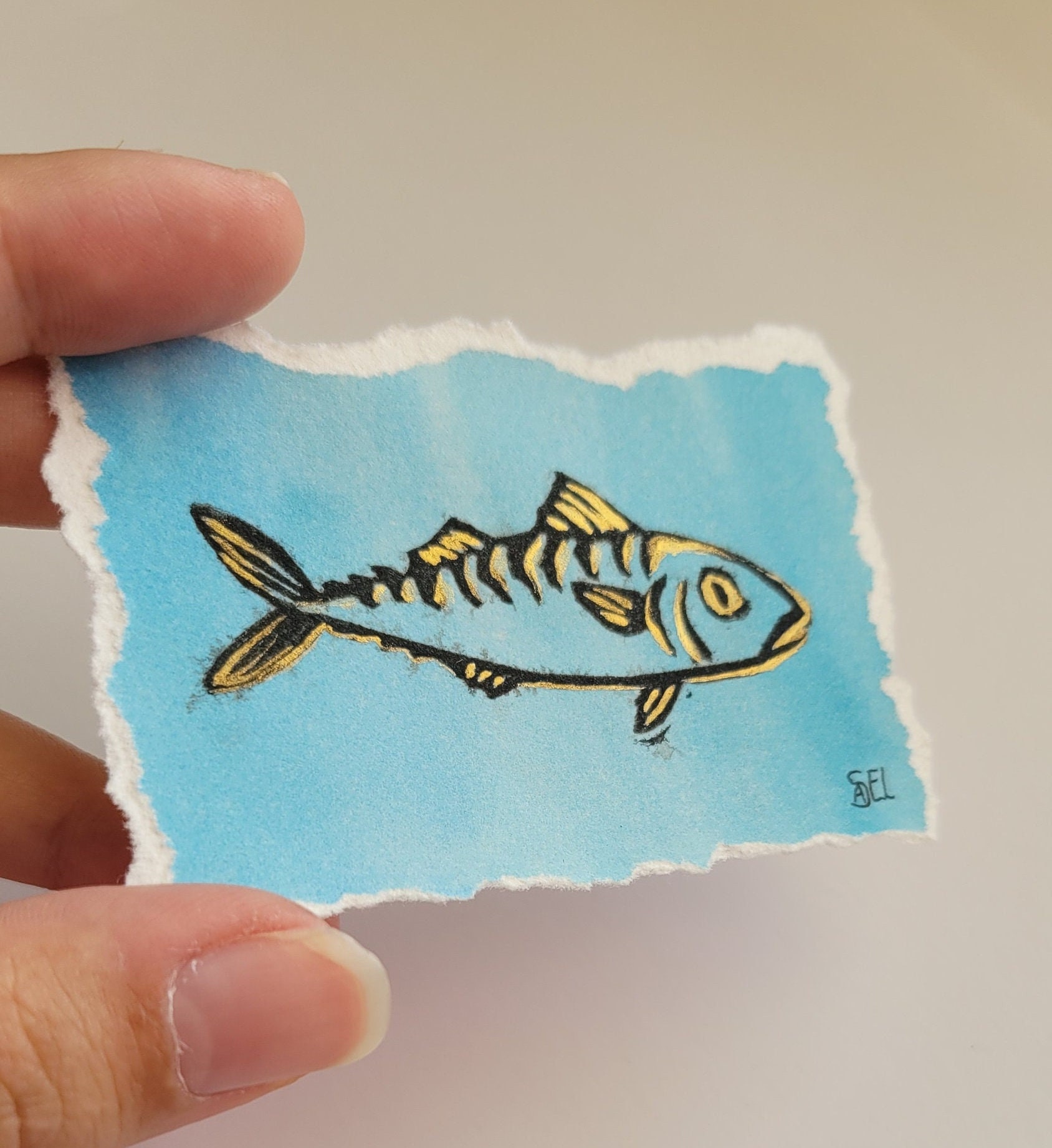 Small Fish Block Print Handmade Tiny Art Print Gold - Etsy
