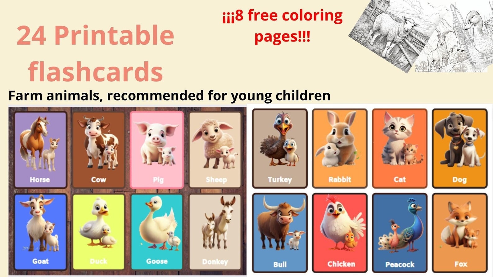 Printable Flashcards 24 Flashcards of Farm Animals Animated - Etsy