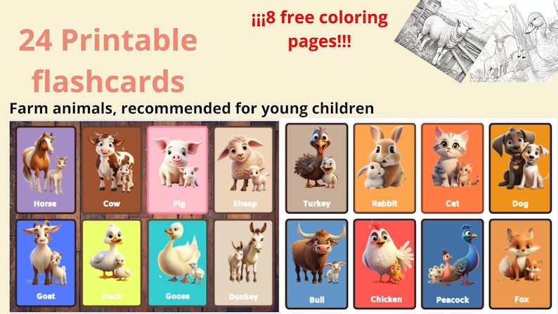 Printable Flashcards 24 Flashcards of Farm Animals Animated - Etsy