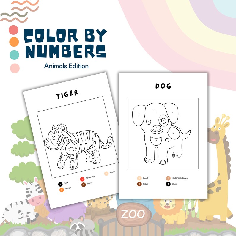 25 Animals Color by Numbers for Kids, Coloring Printables, Preschool ...