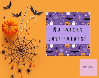 No Tricks Just Treats Tag Printable, Trick Treat Horror Party Favor Tag ...
