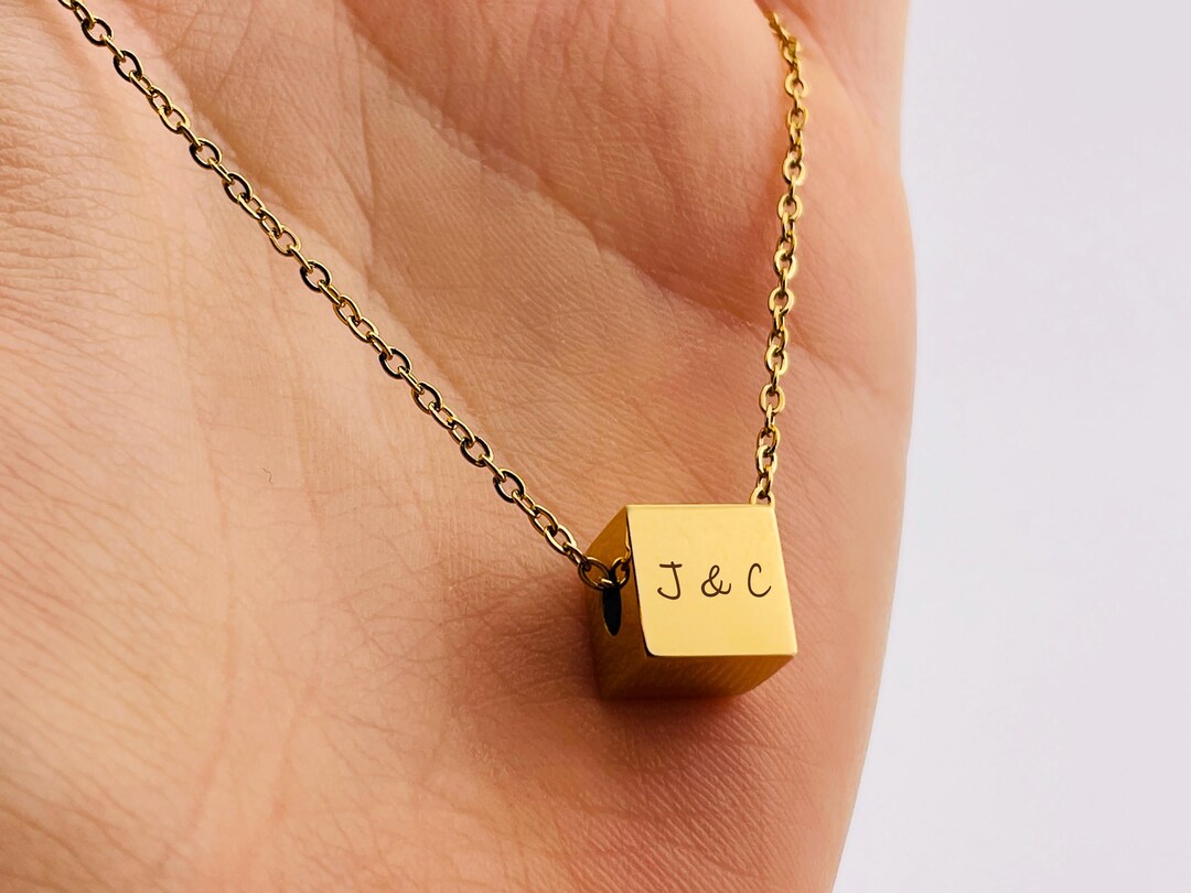 Custom 18K Gold Plated Cube Name Necklace for Her, Personalized Dice ...