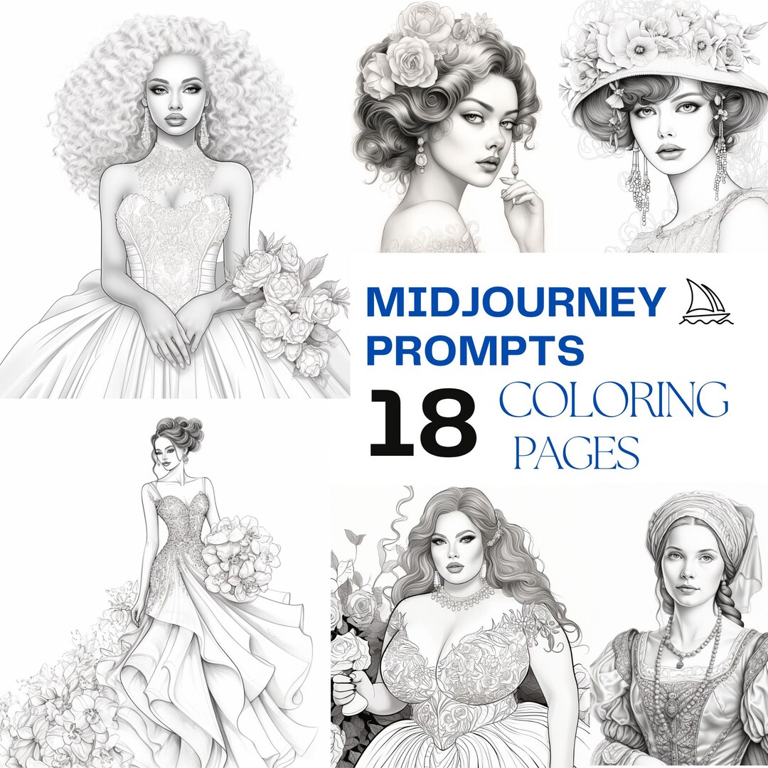 18 Coloring Pages Midjourney Prompts, Prom Dresses, Fashion Sketch for ...