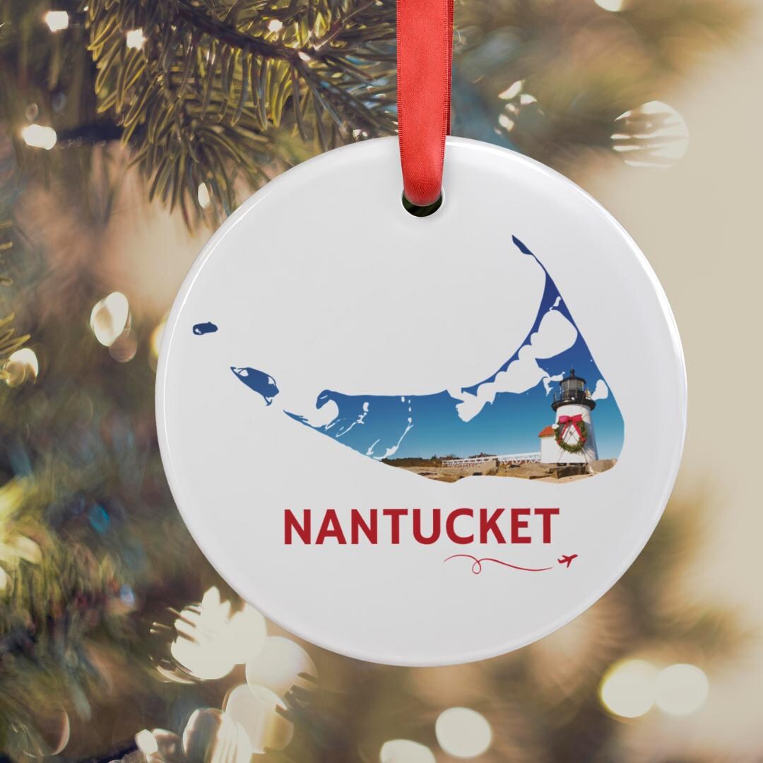 Ornament, Nantucket Map With Brant Point Lighthouse and Festive Wreath ...