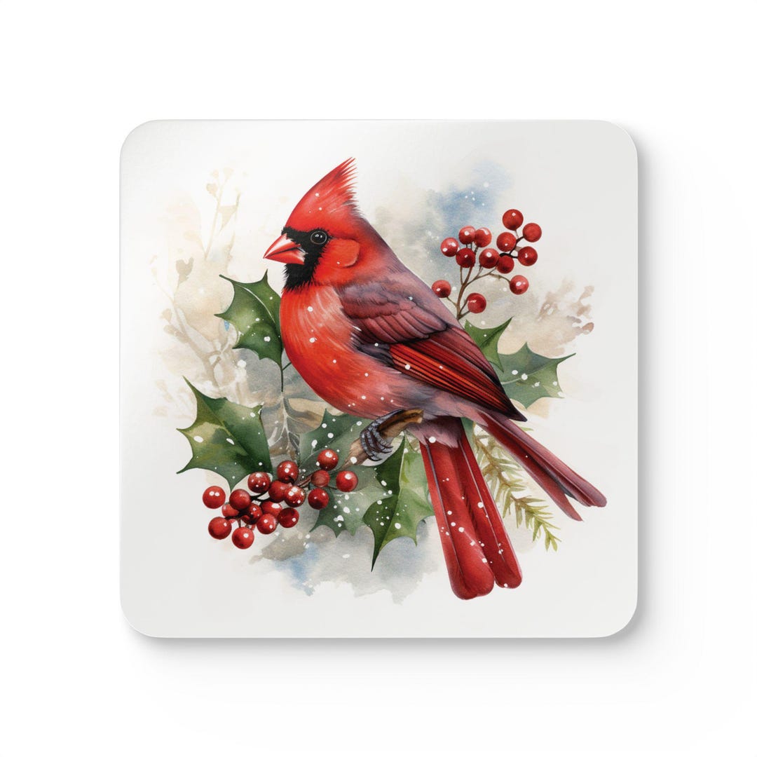 Red Cardinal Coaster Set Cork Coasters Winter Holly Bird Lover Gift ...