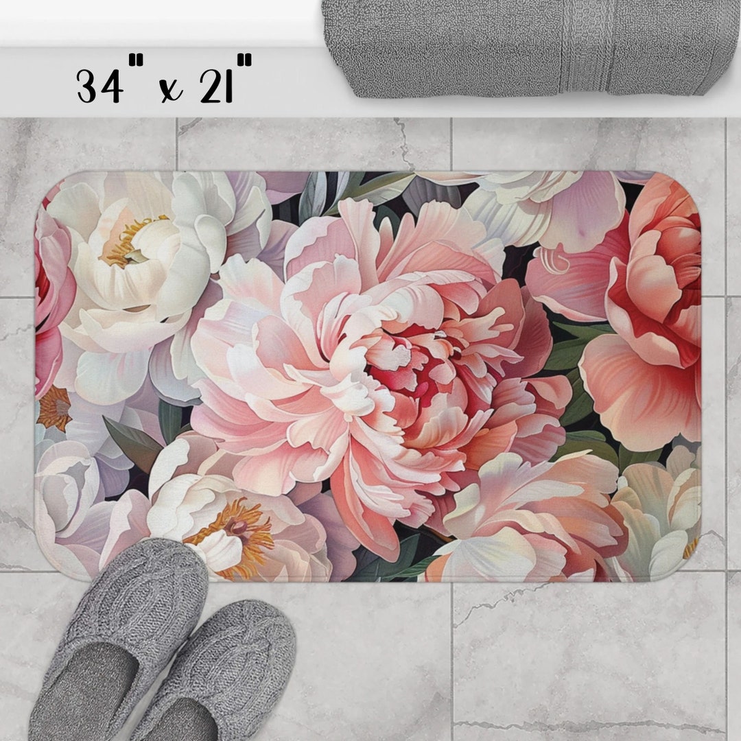Cute Floral Bathroom Mat Pink Peony Bath Mat Unique Colorful Washable ...