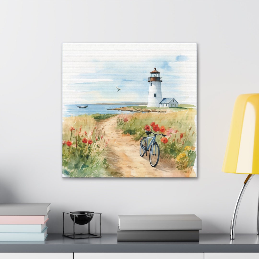 Lighthouse Beach Decor Beach House Wall Art Ocean Watercolor Canvas Art ...