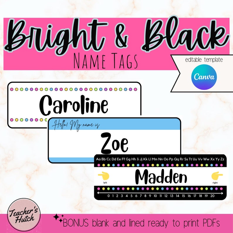 Bright and Black Name Tags, Student Desk Name Plates, Name Tag Template ...