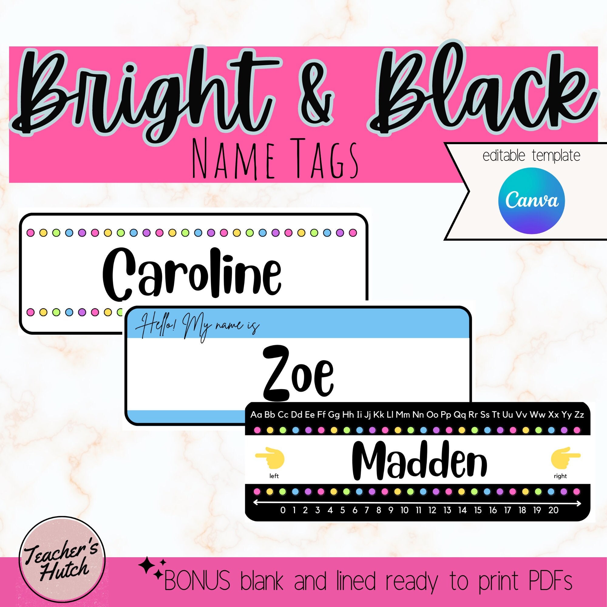 Bright and Black Name Tags, Student Desk Name Plates, Name Tag Template ...