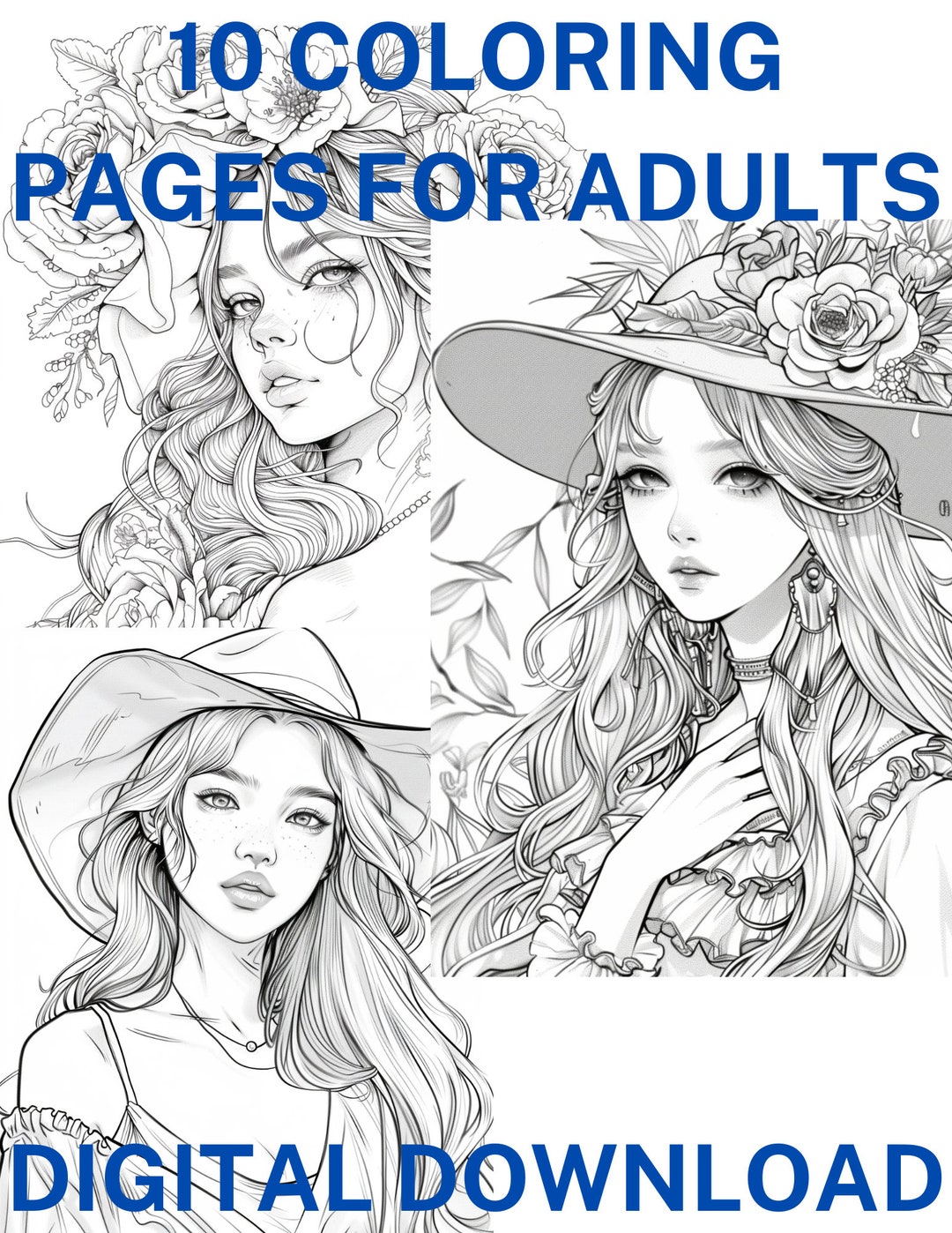 10 Beautiful Girl Coloring Pages for Adults Art Therapy Digital ...