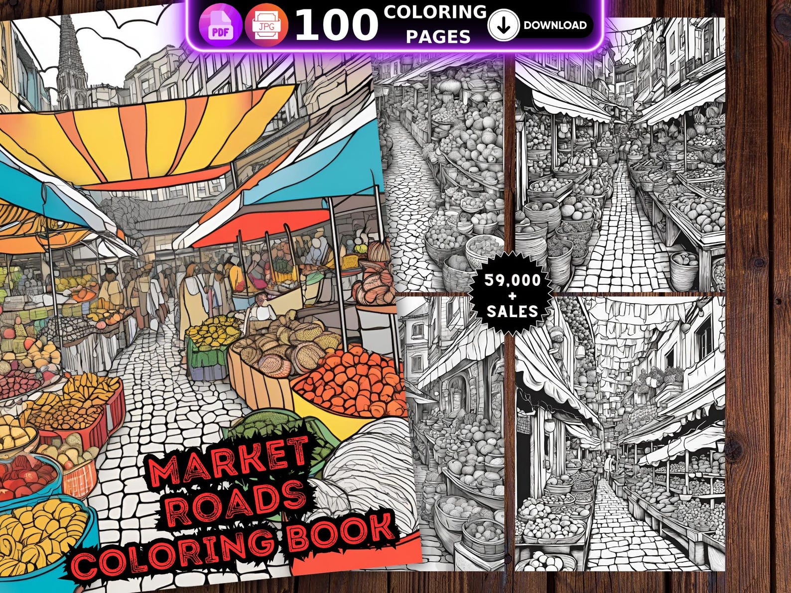 Market Roads Coloring Book 100 Pages, Bustling Market Streets, Market ...