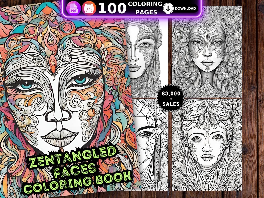 Zentangled Faces Coloring Book 100 Pages, Detailed Face Zentangles for ...