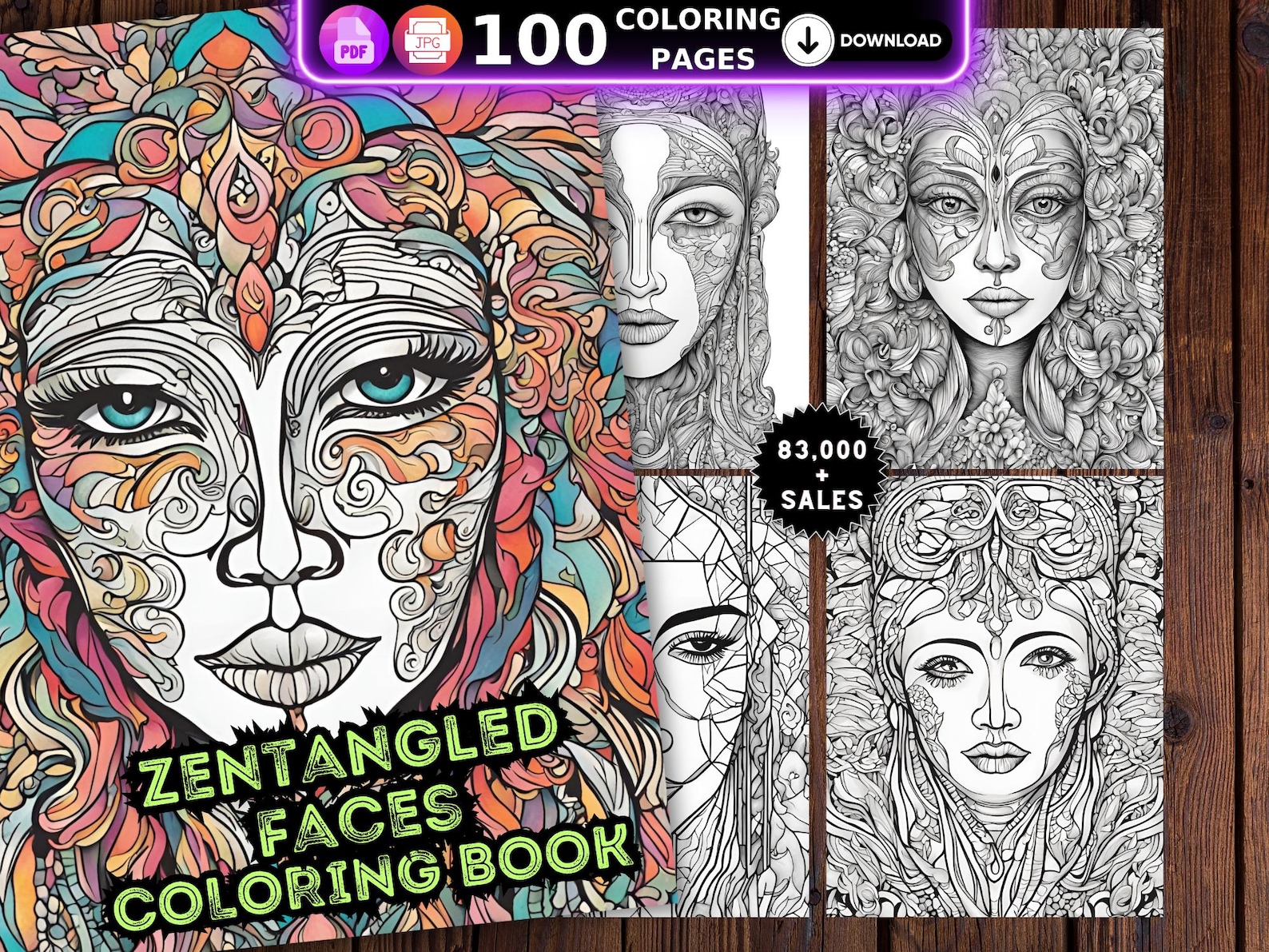 Zentangled Faces Coloring Book 100 Pages, Detailed Face Zentangles for ...