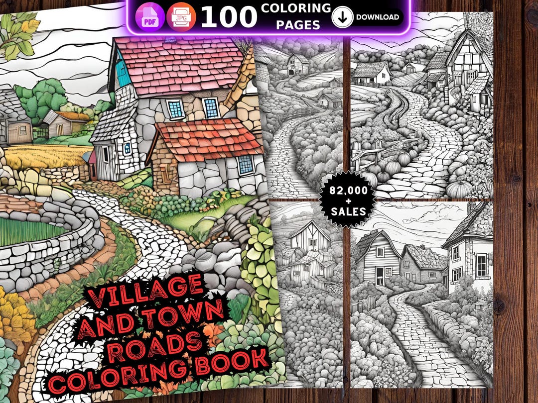 Village and Town Roads Coloring Book 100 Pages, Old Historic Town ...