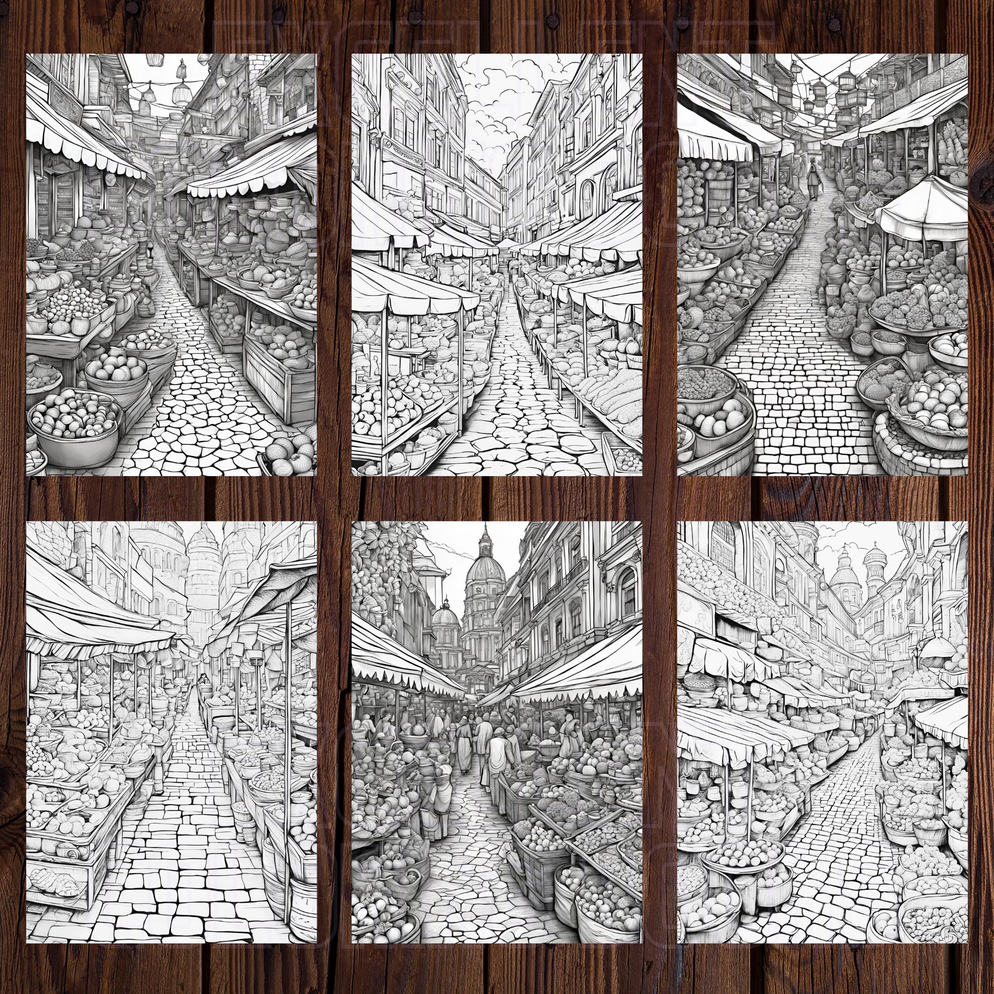 Market Roads Coloring Book 100 Pages, Bustling Market Streets, Market ...