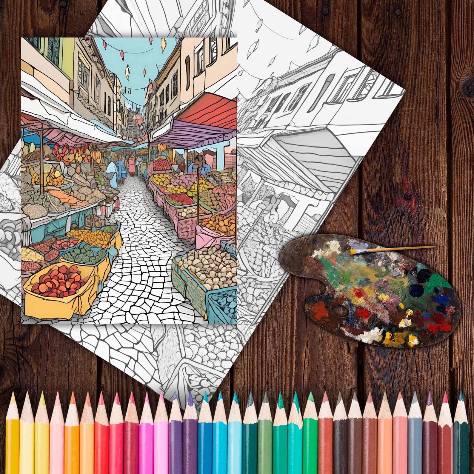 Market Roads Coloring Book 100 Pages, Bustling Market Streets, Market ...