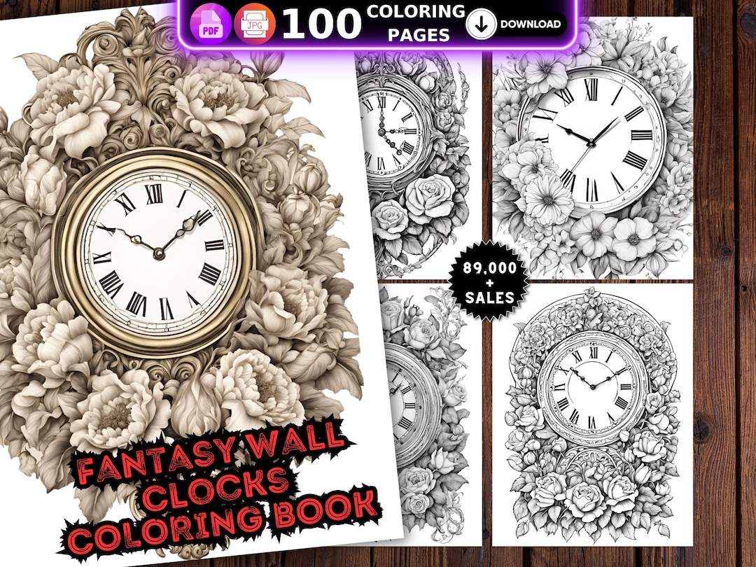 Fantasy Wall Clocks Coloring 100 Pages, Dive Into Whimsical Timepieces ...