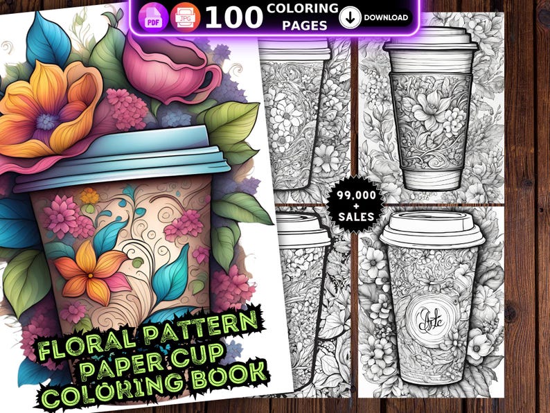 Enjoy Coloring Beautiful Floral Pattern Paper Cups Coloring 100 Pages ...