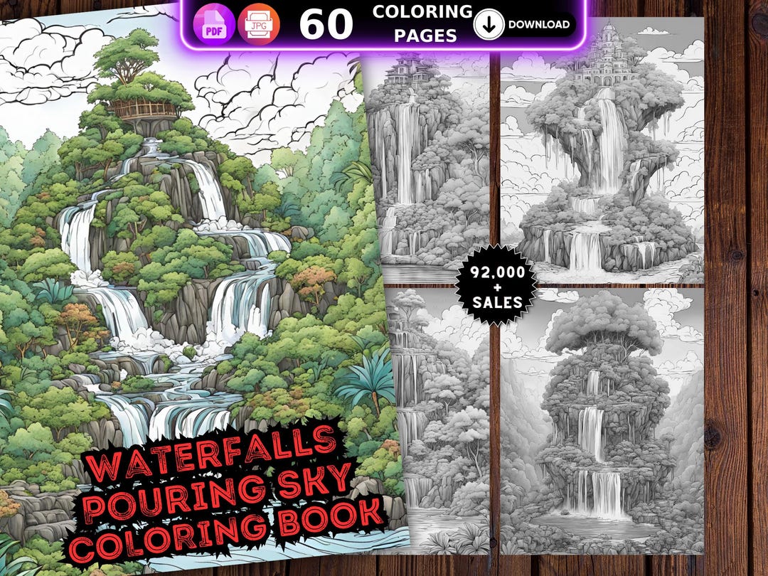 Waterfalls Pouring Sky Coloring Book 60 Pages, Mystical Waterfalls ...