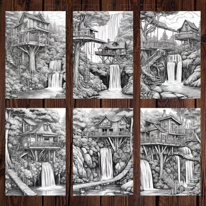 Tree Houses With Waterfalls Coloring Book 60 Pages, Relaxing Tree House ...