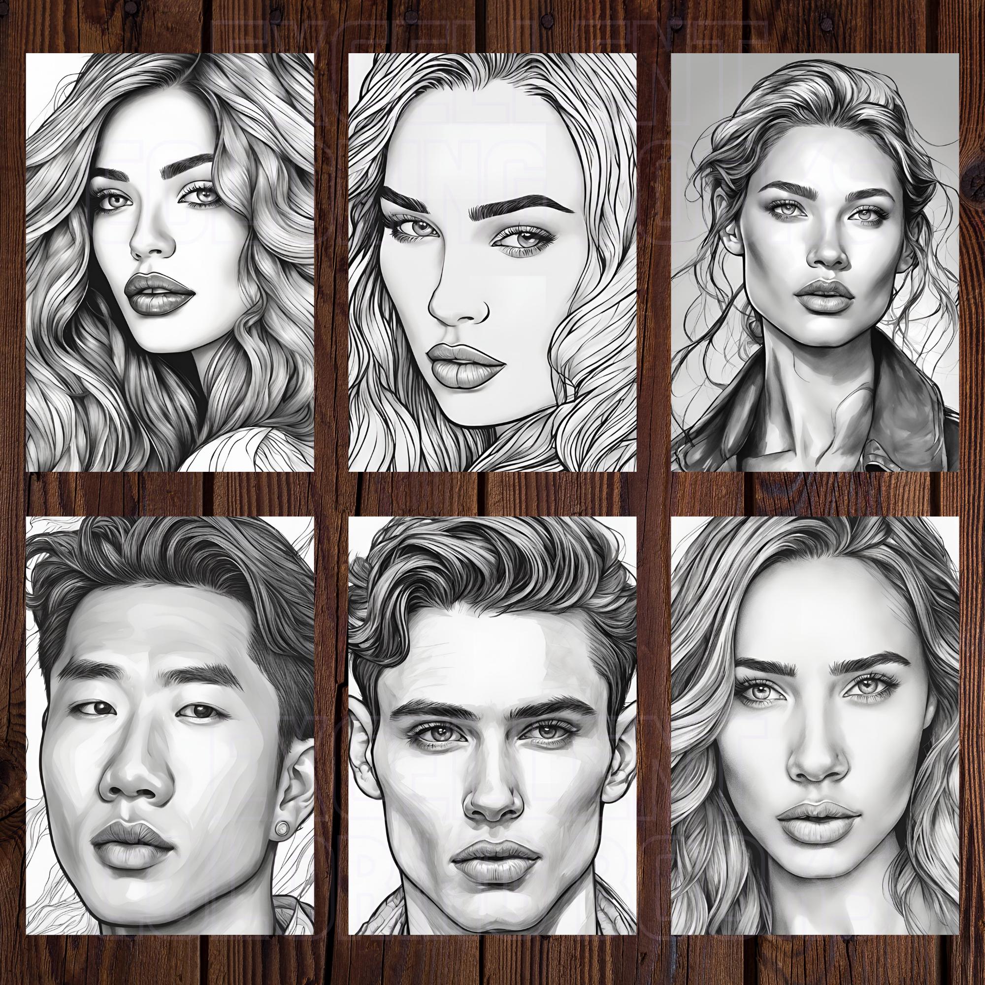 Face Portraits Coloring Book 100 Pages, Detailed Face Illustrations ...