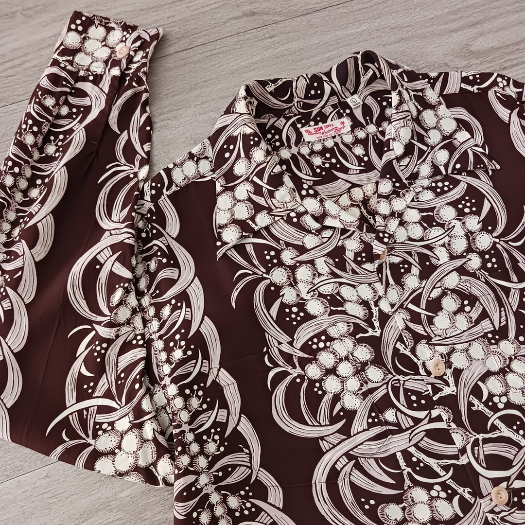 40s 50s Style Long Sleeve Border Print SUN SURF Aloha Shirt BROWN 44 ...