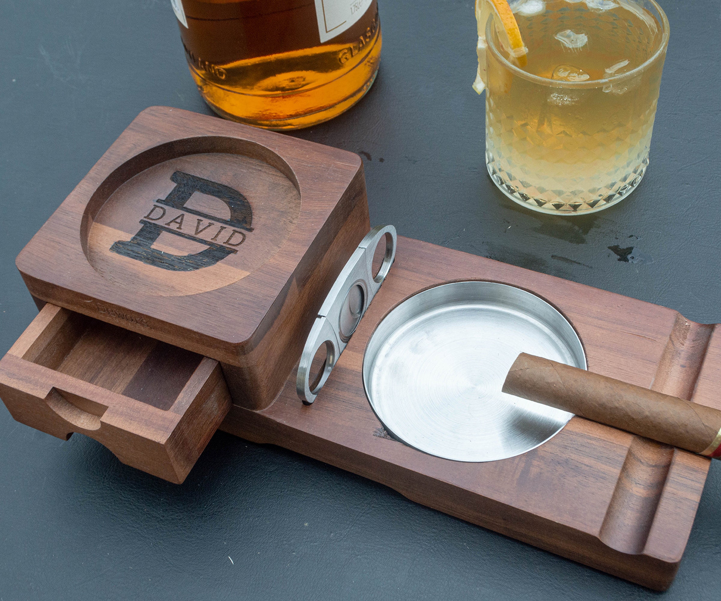 Personalized Cigar Ashtray With Coaster, Custom Walnut Wood Cigarette ...